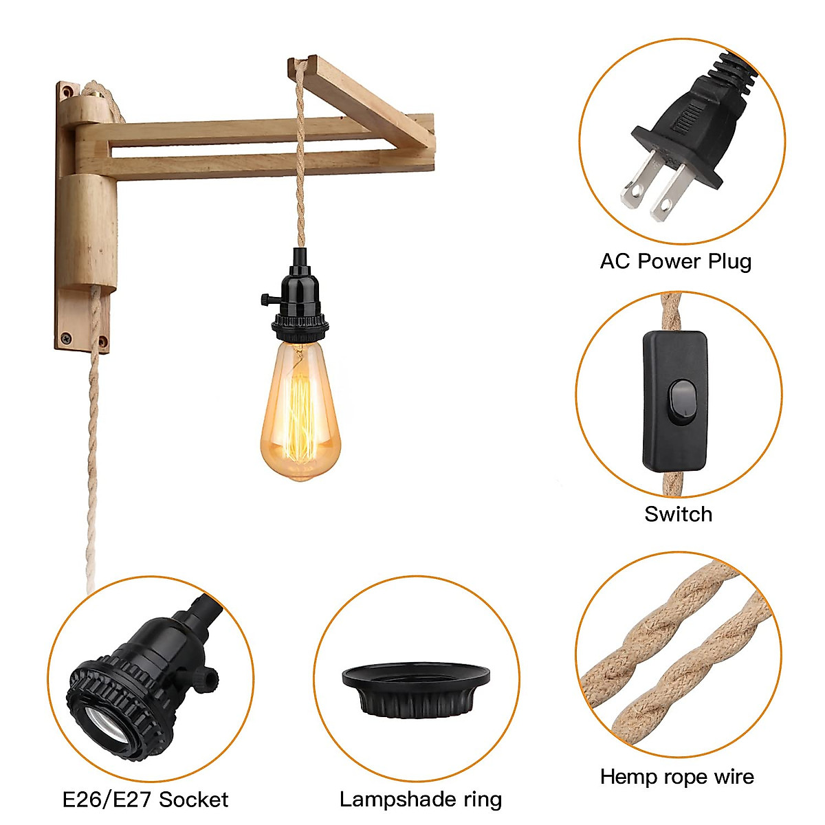 Zevnico 16.5FT Pendant Light Kit, Hanging Lights with Plug in Cord & Switch, Hemp Rope Swag E26 Socket Pendant Lamp, Extension Lantern Cable Vintage Farmhouse Industrial Retro DIY Decoration Fixtures