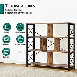 YITAHOME 4 Tier Bookshelf, Free Standing Cube Bookcases and Bookshelves, Industrial Furniture Wide Bookshelf Display Cabinet Open Storage Book Shelf for Living Room Bedroom Home Office, Rustic Brown