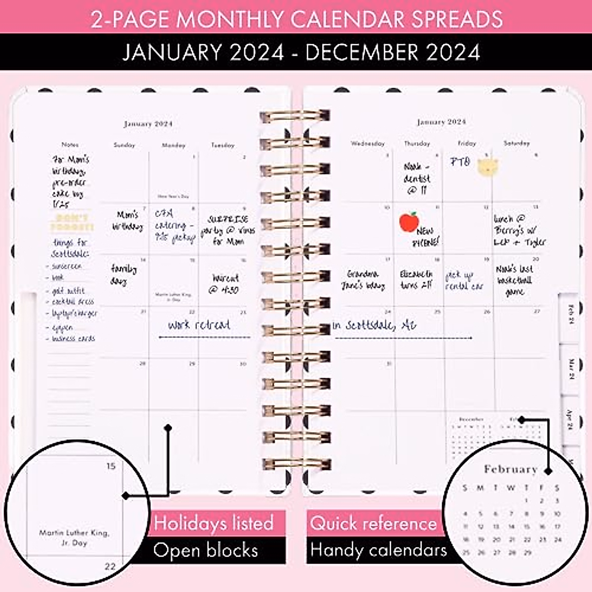 Kate Spade New York 2024 Planner Weekly and Monthly, Medium Planner January 2024 - December 2024, Hardcover Spiral Planner, Daily Planner with Monthly Calendar, Stickers, & Pockets, Spade Dot