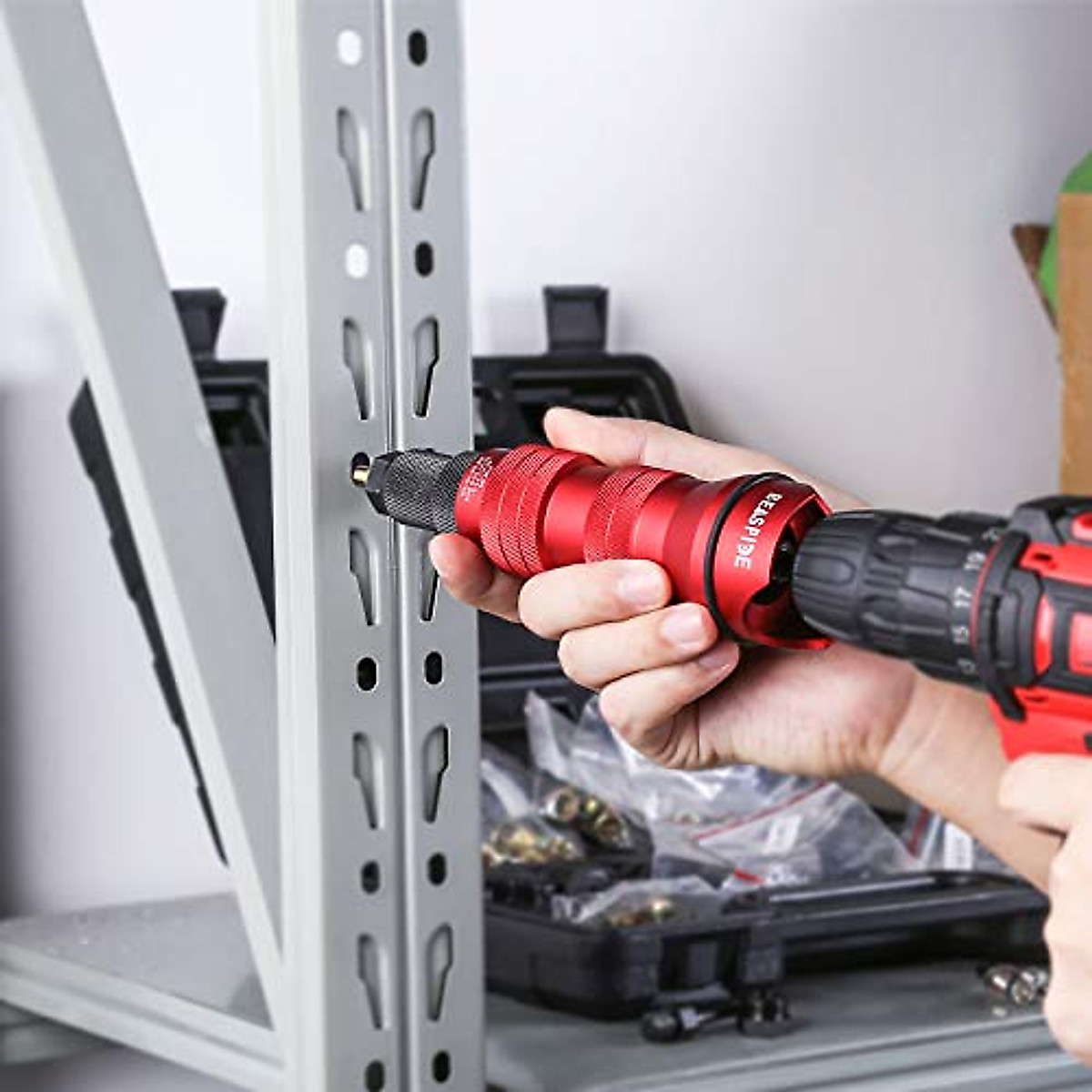 Cordless Drill Electric Rivet Gun Adapter Rivet Nut Drill Adapter Kit Including 10 Mandrel and 50Pcs Assorted Rivet Nuts, Rugged Carrying Case