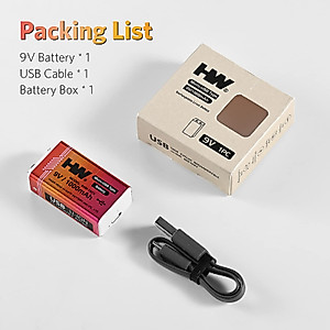 HW 9V Li-ion Rechargeable Battery, 9 Volt/1000mAh(9000 mWh) Long Lasting Rechargeable Batteries with Micro-USB, 1000 Cycles Charge, 1.5 Hrs Fast Charging, LED Indicator, 1 Pack