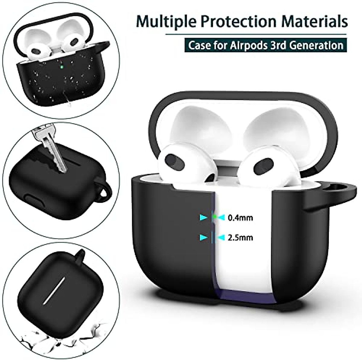 R-fun AirPods 3rd Generation Case Cover with Cleaner kit and Earbuds Hook Cover (2Pairs),Soft Silicone Protective Case for Apple AirPods 3 2021- Black