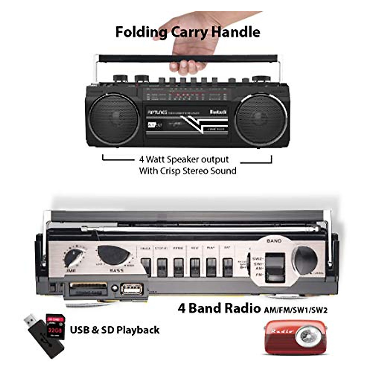 Riptunes Cassette Boombox, Retro Blueooth Boombox, Cassette Player and Recorder, AM/FM/SW-1-SW2 Radio-4-Band Radio, USB, SD, and Aux in, Black
