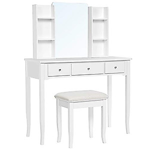 VASAGLE Vanity Set Makeup Dressing Table with Mirror, Cushioned Stool, for Bedroom, 38.6 x 15.9 x 52.6 Inches, White