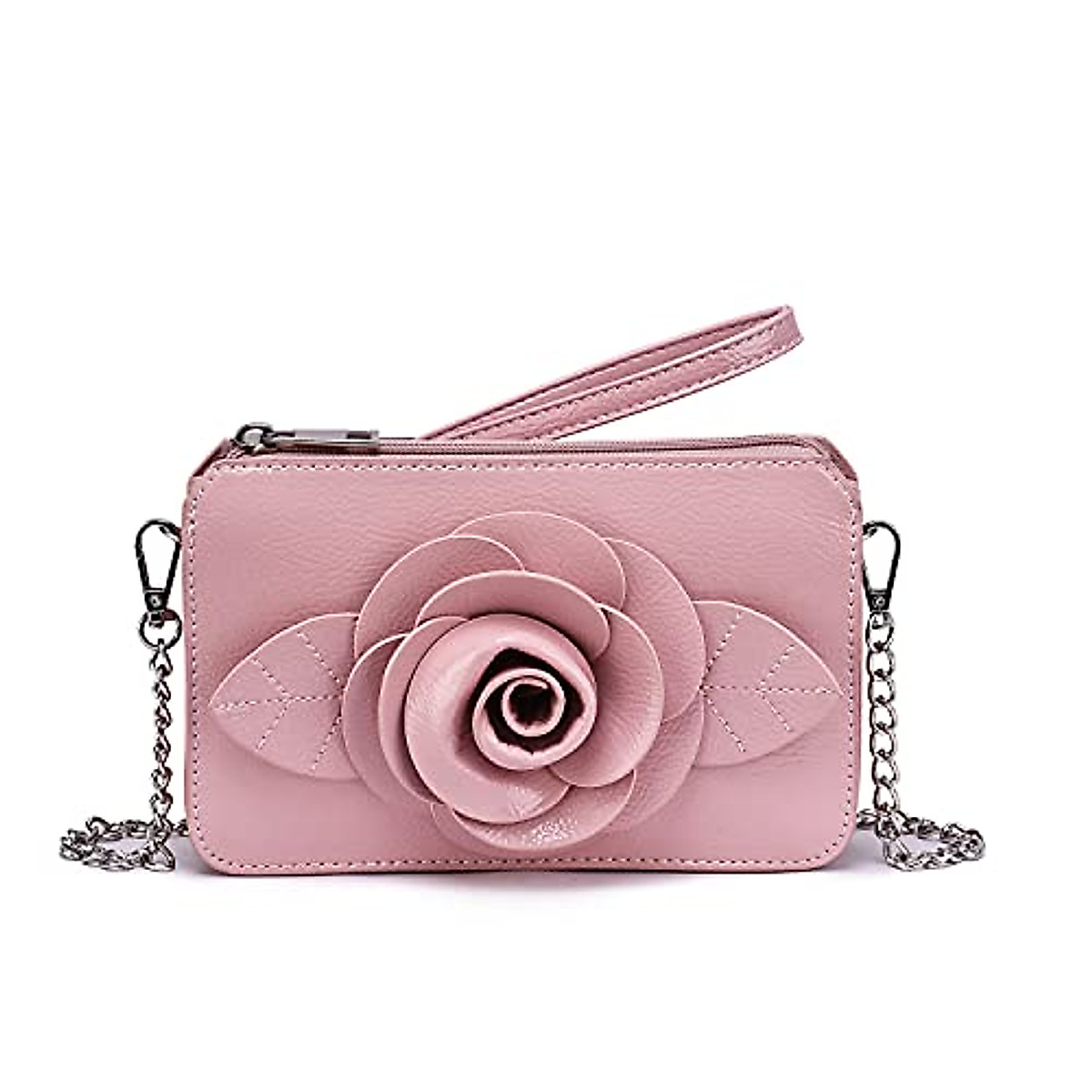 Mellow World Rosali 3D Floral Cell Phone Small Cross Body Shoulder Bag Vegan Patent Leather Women Purse Touch Screen Removable Strap, Mistyrose