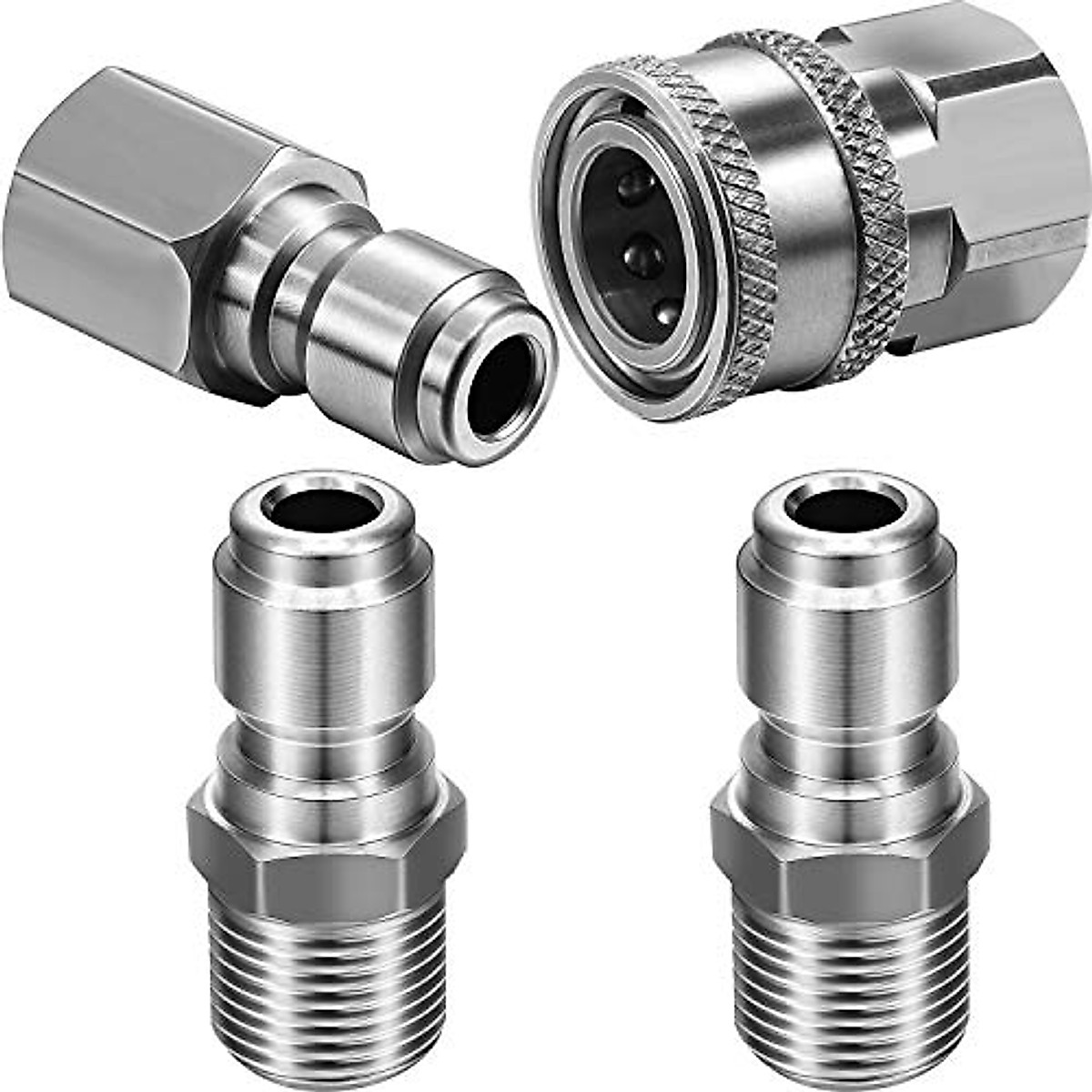Hotop NPT 3/8 Inch Stainless Steel Male and Female Quick Connector Kit Pressure Washer Adapter Set and 2 Packs NPT 3/8 Inch Stainless Steel Quick Connector Plug Male Nipples