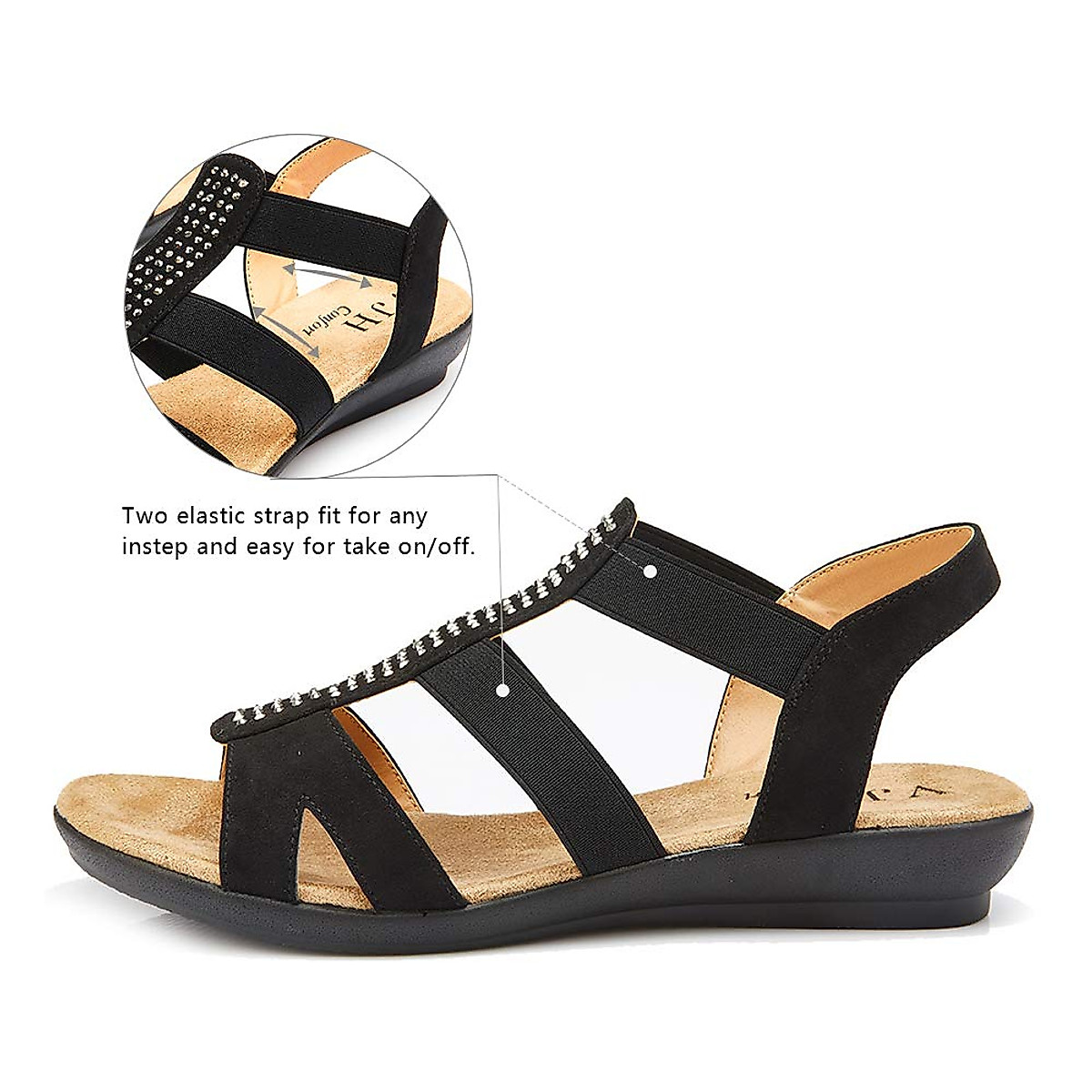 VJH confort Women's Flat Sandals with Rhinestone Open Toe Elastic Slip On Slingback Comfort Casual Walking Sandals(BLACK 10)