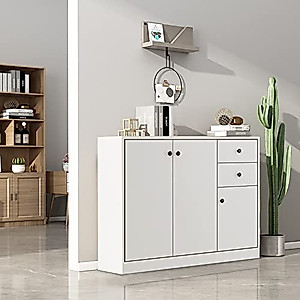 Giantex Buffet Cabinet with Storage - Kitchen Sideboard with 2 Drawers, 3-Door Large & Small Cabinet, Adjustable Shelves, White Pantry Cupboard for Dining Room, Console Table for Entryway