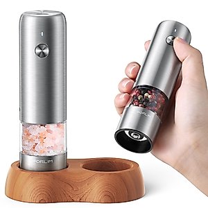 FORLIM Mini Electric Salt and Pepper Grinder Set with Wood Base, USB Rechargeable, Small Automatic Salt Pepper Mill Grinder, Travel/Outdoor BBQ/Children, One-Button Control (2 Packs, Stainless Steel)