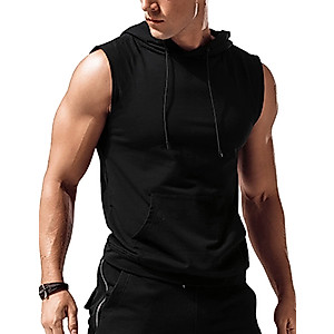 Amussiar Men's Workout Sleeveless Shirts Muscle Hooded Tank Gym Fitness Quick Dry Sleeveless Hoodies Black