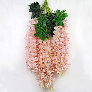 LUZOGA 25 Pack (90.2FT) Artificial Wisteria Flowers Fake Vine Ratta Hanging Garland Silk Flowers String for Home Party Garden Wedding Decor(Light Pink)