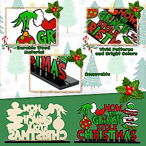 4Pcs Christmas Wooden Table Centerpieces Decoration Green Christmas Thief Wood Desktop Removable Decor Sign Merry Christmas Gnome Ornaments for Christmas Winter Theme Party Decor Table Tier Tray