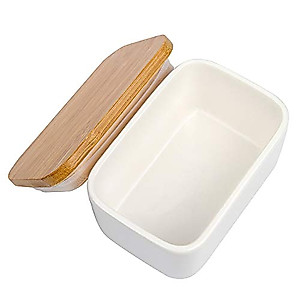 Arswin Porcelain Butter Dish with Lid,Ceramic Butter Dish with Bamboo Lip,Butter Keeper Container with Cover for Countertop or Refrigerator,Heat Resistant Kitchen Butter Storage Dish,White (300ml)