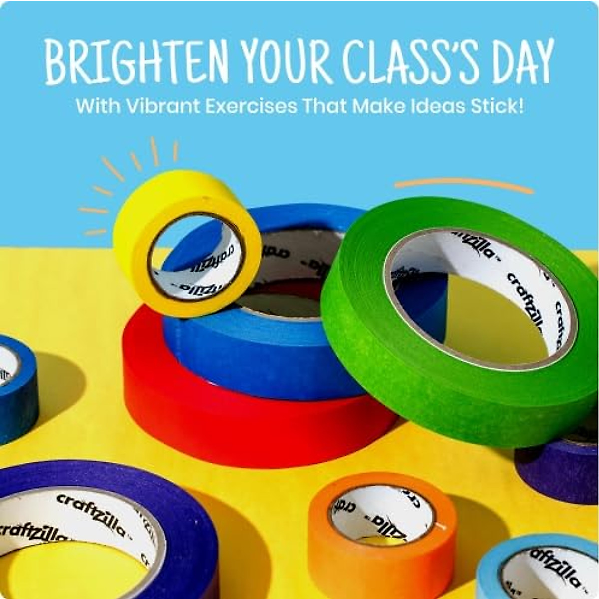 Craftzilla Colored Masking Tape – 6 Jumbo Rolls – 990 Feet x 1 Inch of Colorful Craft Tape – Vibrant Rainbow Color Teacher Tape, Great for Art, Lab, Labeling & Classroom Decorations