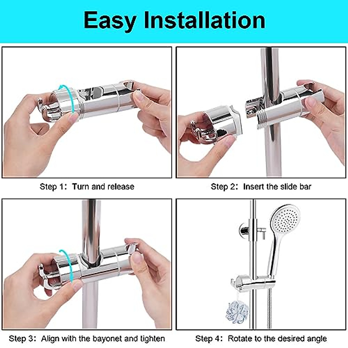 OSDUE Shower Head Holder, 16-27mm Slider Bar Adjustable Shower Head Holder for Slide Bar Slider Clamp Bathroom Replacement, 360 Degree Rotating Sprayer Holder with 2 Hooks, Chrome Finish - Silver