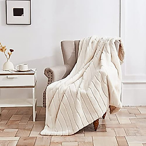 Luxury Decorative Striped Faux Fur Throw Blanket 50"x 60" for Couch Sofa Bed, Lightweight, Soft & Cozy