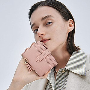 HKCLUF Small Wallets for Women,RFID Blocking Wallet Women,Bifold Slim Card Holder Zipper Coin Pocket With Tassel Keychain(Pink)