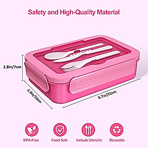KEMETHY Bento Lunch Box for Kids, 4 Compartment Lunch Box Kids, Leak Proof Lunchbox with Tableware for Kids Lunch boxes for School, Microwave/Dishwasher/Freezer Safe, BPA-Free and Reusable, Pink
