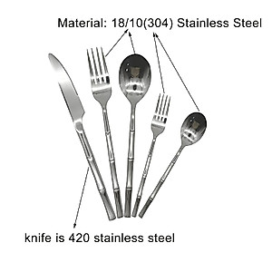 Pinenjoy 5Pcs Bamboo Shaped Flatware Set, 18/10(304) Stainless Steel Silverware Set includes Dinner Knife Dinner Fork Salad Fork Soup Spoon Dessert Spoon for Daily use, Restaurants, Gatherings
