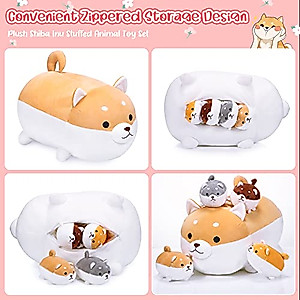 5 Pcs Stuffed Mommy Babies Dog Pillows 17.7 Inch Shiba Inu Plush Animals Toys with 5.9 Inch Small Corgi Dog Puppy Babies Plush Pillows 4 in 1 Kawaii Puppy with Babies Inside Toys Gift for Girls Boys