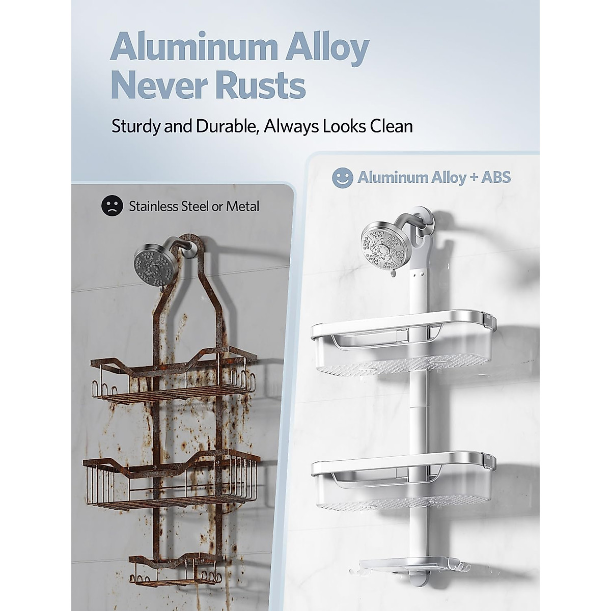 LAMU Adjustable-Shower-Caddy-Hanging, Rust Proof Shower Hanging Organizer, 3-Tier Aluminum Alloy + ABS, Large Capacity Shower Caddy Over-the-Showerhead with Hooks, Razor Holder, Soap Dish, Silver