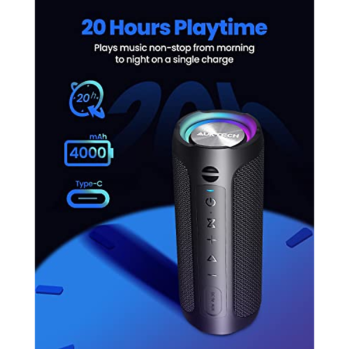 AUKTECH Bluetooth Speakers - Portable Speakers Bluetooth Wireless(100ft), 24W Loud Stereo Sound, Led Lights, 20H Playtime, IPX7 Waterproof Speaker for Outdoor, Home, Party, Beach, Shower