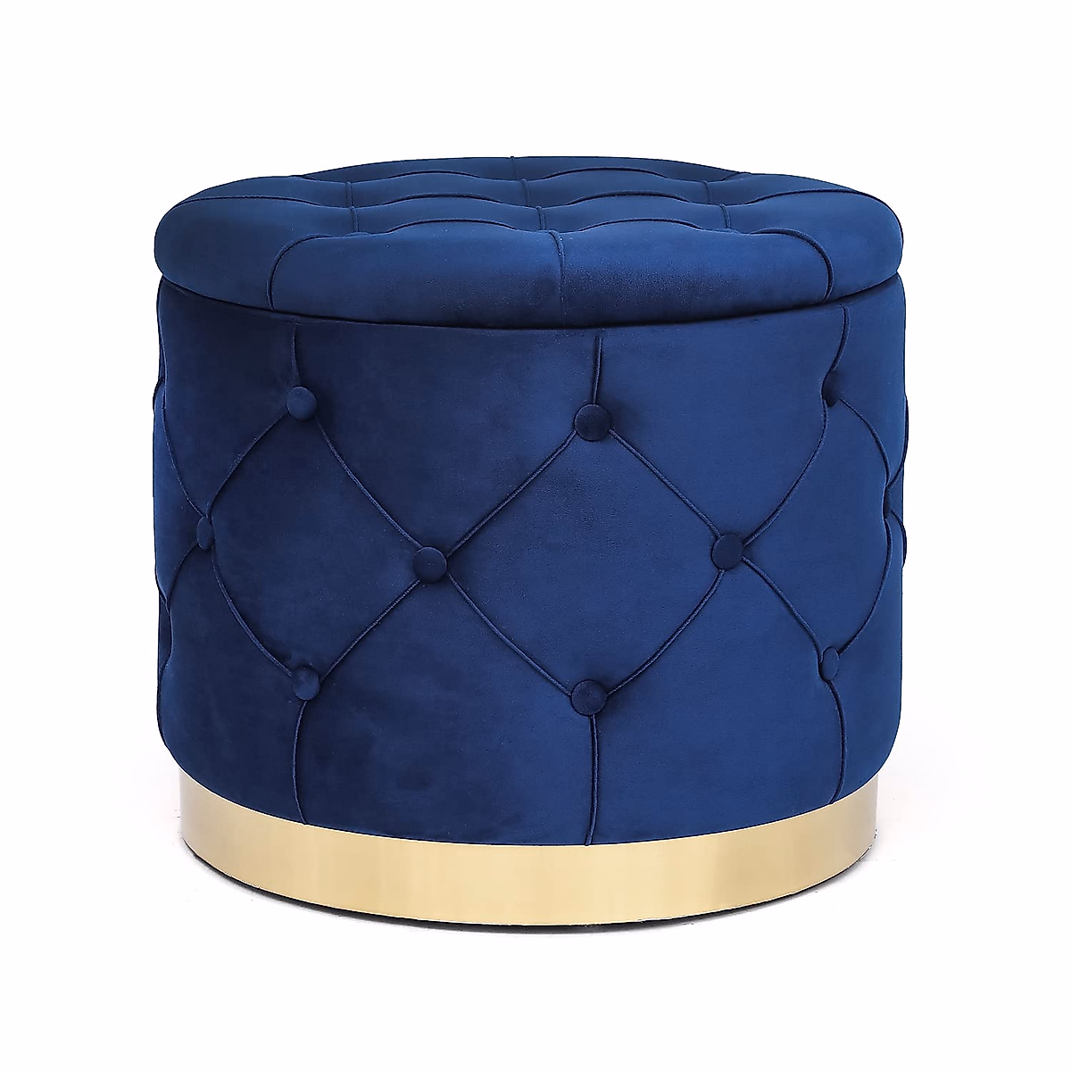 Homebeez 18.9" Round Velvet Storage Ottoman, Pre-Assembled Multi-Function Storage Vanity Stool, Button Tufted Accent Coffee Table with Golden Plate Base,Navy Blue
