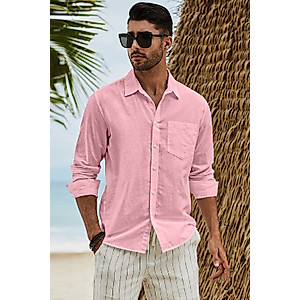JMIERR Mens Cotton Linen Casual Stylish Button-Down Shirt Long Sleeve Business Fitted Dress Shirts Summer Beach Shirts for Men Old Money Regular Fit with Pocket, US 46(XL), Pink