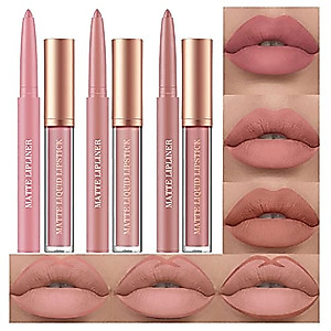 BestLand 6Pcs Matte Liquid Lipstick and Lip Liner Set, Non-Stick Cup Not Fade Waterproof Nude lipstick Makeup Kits Velvety Nude Lipliner Lip Gloss Make Up Gift Set (Set E)