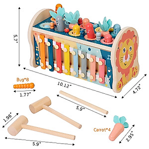 BESTAMTOY Wooden Educational Hammering Gopher Toy Worms Catching Radish Xylophone Pounding Bench Early Learning Lion Patterns Cute Colorful Skills Developing Games Hamster Play Set