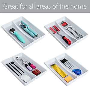 Smart Design 2-Compartment Plastic Drawer Organizer - Set of 2 - Non-Slip Lining and Feet - BPA Free - Utensils, Flatware, Office, Personal Care, or Makeup Storage - Kitchen - White with Gray