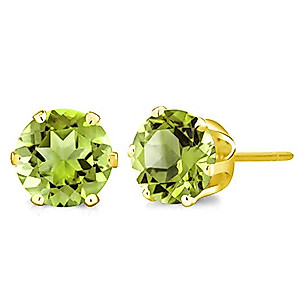 Gem Stone King Natural Green Peridot Earrings | Round 6MM | 1.60 Cttw | Gemstone Birthstone | Yellow Gold Plated Stud Earrings for Women
