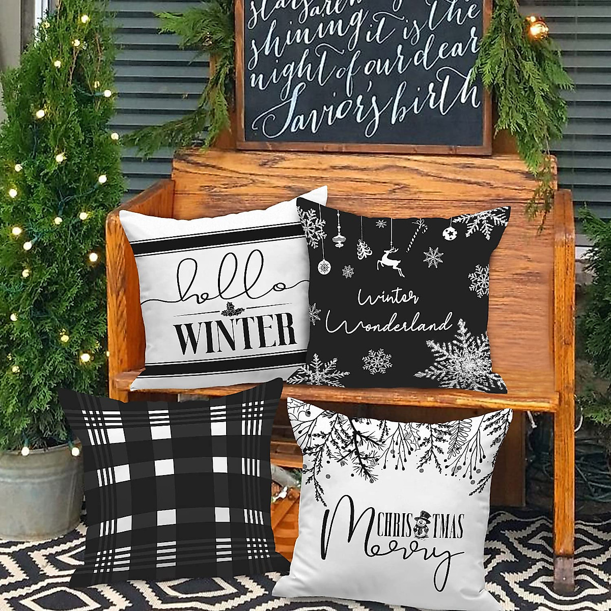 Lanpn Hello Winter Merry Christmas Throw Pillow Covers 18x18 Set of 4, Decorative Black and White 18 inch Xmas Holiday Cushion Pillow Cases Home Outside Porch Decor Decorations