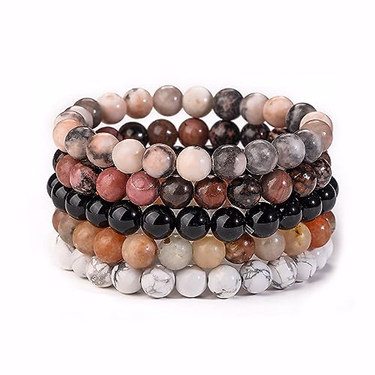 SROBENZ 5PCS Semi-Precious Gemstone Bracelets | Healing Crystal Stone Beaded Bracelets for Women Men 8mm Round Beaded Stretch Bracelets Unisex Stress Relief Yoga Bracelets Gifts(A)