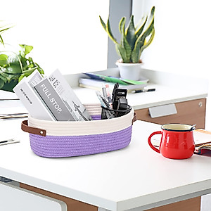 HLWDFLZ Bathroom Countertop Organizer Basket, Cotton Rope Woven Storage Basket Toilet Paper Decorative Basket for Bathroom, Bedroom, Living Room, Entryway 13"x6.3"x4.3" (Off White/Purple)