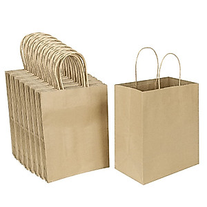 Oikss 100 Pack 8x4.75x10 inch Medium Plain Natural Paper Bags with Handles Bulk, Kraft Bags for Birthday Party Favors Grocery Retail Shopping Business Goody Craft Gift Bags Sacks (Brown 100 PCS Count)
