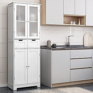 HORSTORS Tall Storage Cabinet, Freestanding Kitchen Pantry Cabinet with Glass Doors and Shelves, Large Modern Cupboard with 2 Drawers for Home Office, White, 23.6" L x 11.8" D x 66.9" H