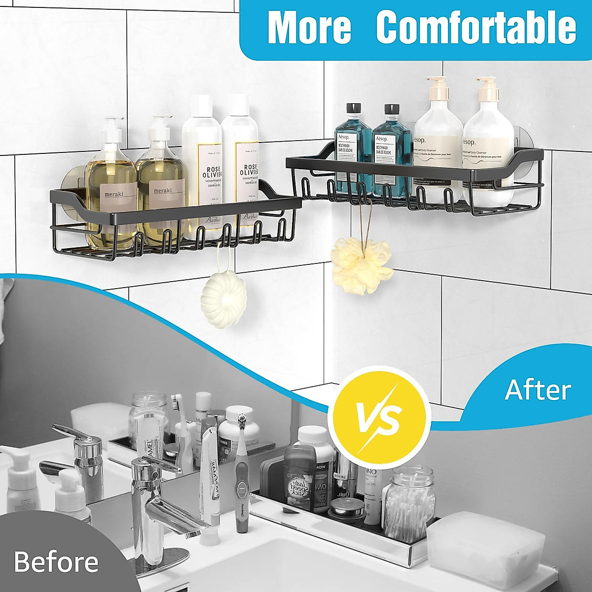 Hsiohe 5 Pack Shower Caddy, Adhesive Shower Organizer for Bathroom Storage, Rustproof Stainless Steel Shower Shelves, No Drilling Large Capacity Shower Rack Shelf for Inside Shower, Black