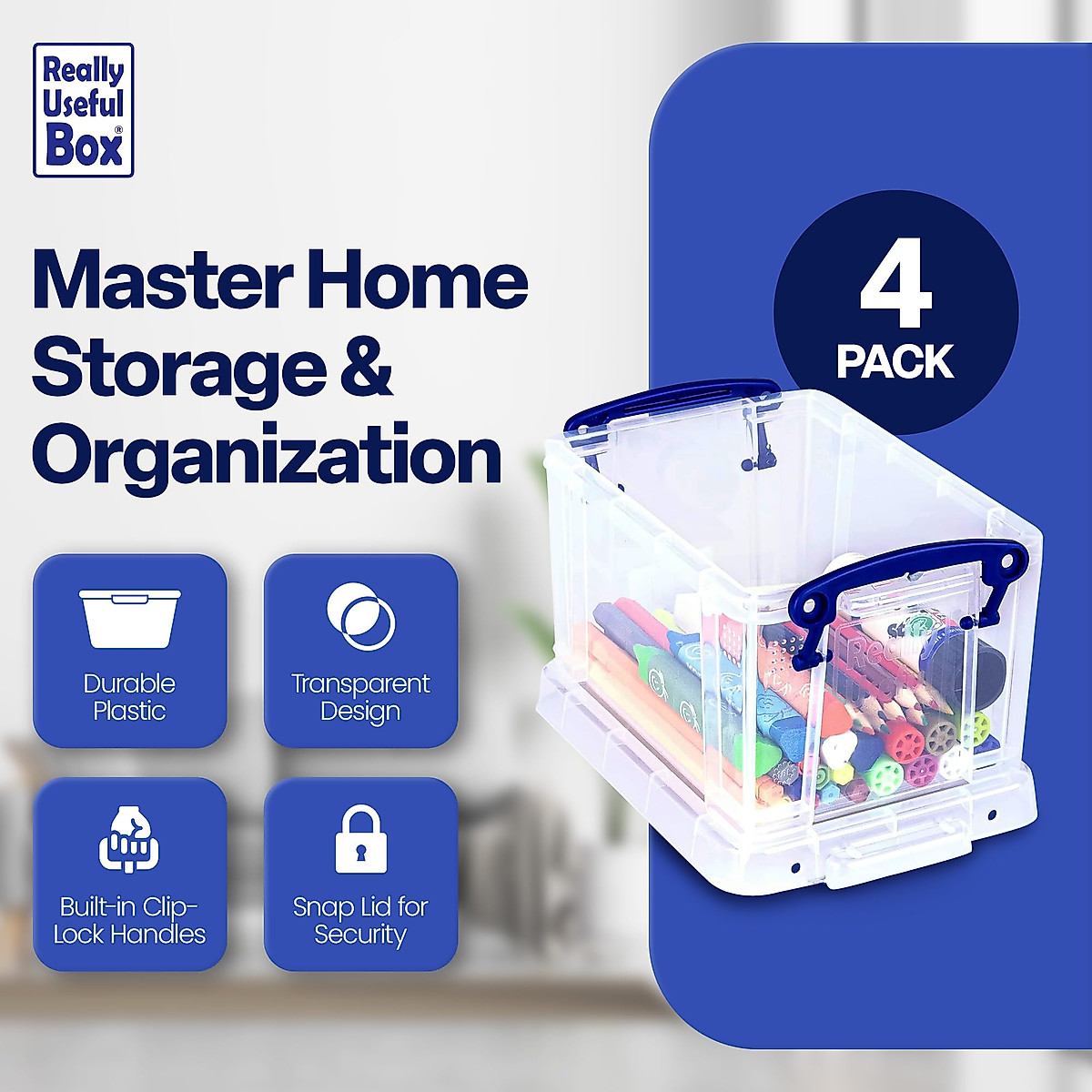 Really Useful Box 1.6 Liter Plastic Stackable Storage Container with Snap Lid & Built-In Clip Lock Handles for Home or Office Organization, 4 Pack