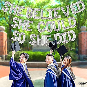 XtraLarge, She Believed She Could So She Did Banner - 16 Inch, Silver Graduation Banner | Graduation Party Decorations 2023 | Metallic Silver Congrats Grad Banner for Graduation Party Supplies 2023