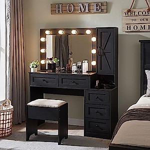 JXQTLINGMU Farmhouse Vanity Makeup Desk with Charging Station, 43" W Vanity Desk with Lights Mirror and Drawers for Makeup, Big Modern Vanity Table Set with Vanity Stool for Bedroom, Black