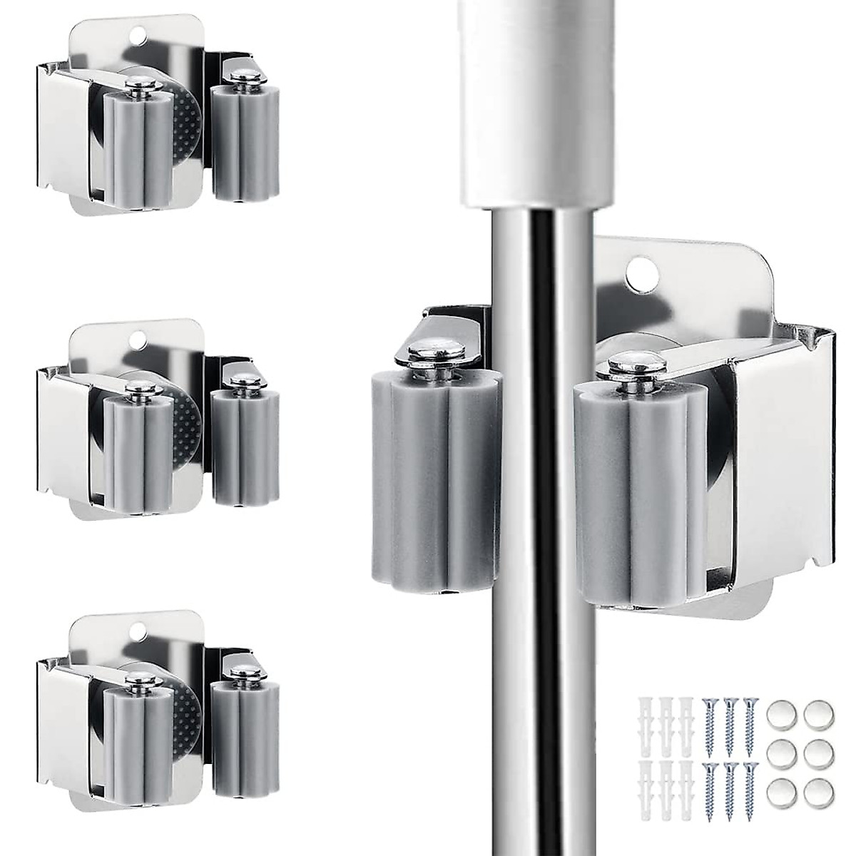 JAMEND CLXP New 3PCS Broom and Mop Holder, Heavy Duty Garden Tool Organizer Rack Rake and Shovel Handle, Stainless Steel Mop Hanger. Wall Mounted with Screws.…