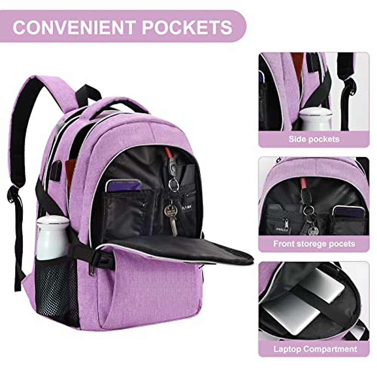 ANKUER Backpacks for Men Women, Backpack Fits Up 15.6 in Laptop Backpack for Travel, Backpacks with USB Charging Port, Work Business Backpack for Women (Purple)