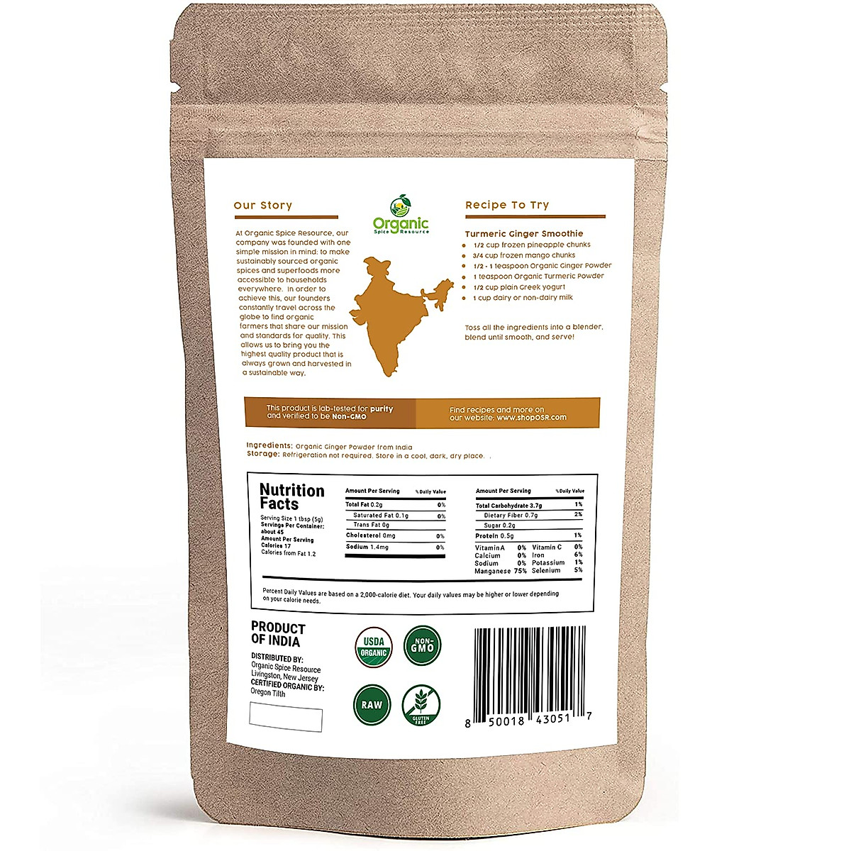 Organic Ginger Powder | 8 oz (226g) | USDA Organics and Non-GMO Verified Project Approved | Product of India | 100% Raw and Natural | Resealable Kraft Bag by SHOPOSR