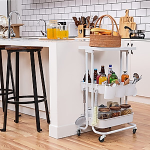 3 Tier Rolling Storage Cart with Table Top & Hanging Cups Utility Organizer Cart for Kitchen Bathroom Classroom, White