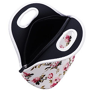 Aiphamy Neoprene Lunch Bag for Kids, Insulated Lunch Box Tote for Women Men Adult Teens Boys Teenage Girls Toddlers (Flowers (White))