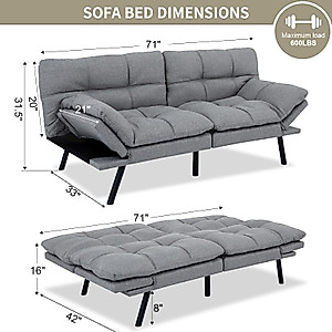 MUUEGM Futon Sofa Bed, Convertible Memory Foam Couch Bed for Living Room,Office,Apartment,71" Adjustable Sleeper Sofa,Light Grey