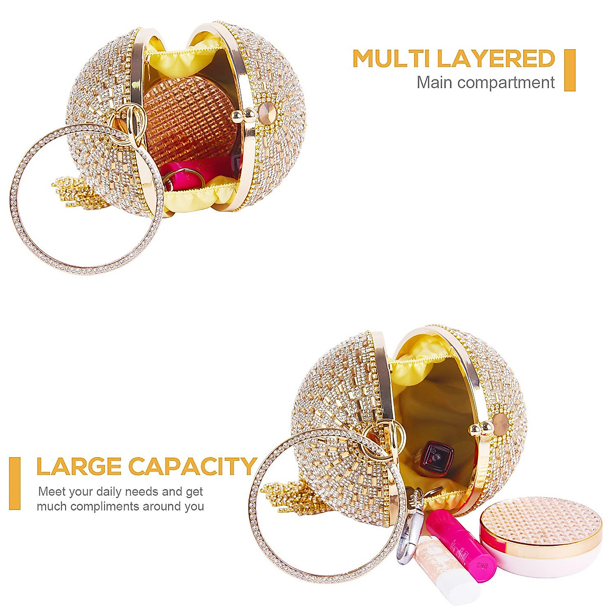 Lanpet Women Round Ball Crystal Evening Clutch Purse Tassel Wedding Party Handbags,Gold