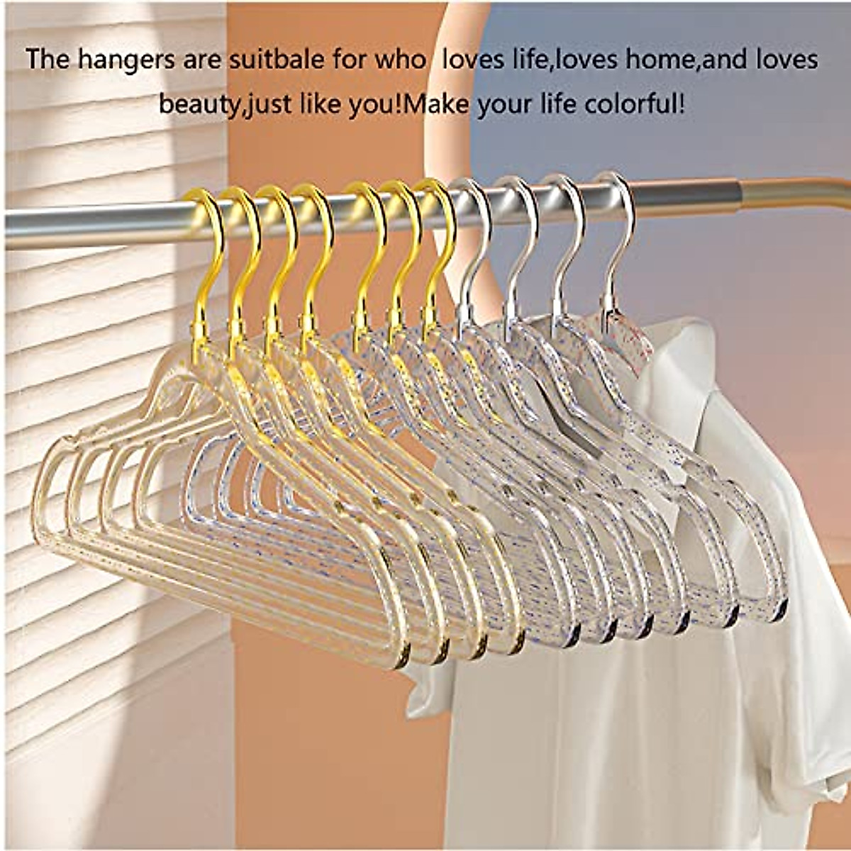 Clear Acrylic Hangers, Plastic Glitter Coat Hanger, Non-Slip Space Saving Suit Hangers Heavy Duty Clothes Hanger with Non Slip Notches ( Color : Silver+Blue )