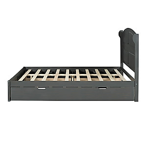 BOVZA Queen Size Platform Bed Frame with Headboard, Twin Size Trundle and 2 Drawers, Antique Gray